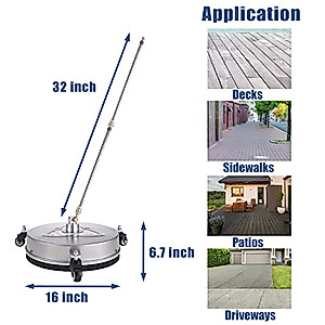 RIDGE WASHER 16 Inch Pressure Washer Surface Cleaner with Wheels, Stainless Steel Power Washer Accessory with 2 Extension Wands Attachment, 2 Replacement Nozzles, 4000 PSI