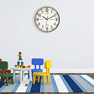 JoFomp Teaching Clock for Kids | 12 inch Educational Wall Clock for Learning Time, Silent Non-Ticking Quartz Decorative Wall Clock for Teacher's Classrooms or Children's Bedrooms (Yellow)