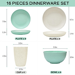 Wheat Straw Dinnerware Sets for 4, Osonm 16PCS Lightweight Unbreakable Plastic Plate Bowl Cup Set, Dishwasher Microwave Safe Dishes Set for Camping, RV, Picnic, Kitchen, Dorm, Great for Kids & Adults