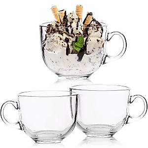 3 Pcs Glass Cereal Bowl Clear Soup Pasta Noodles Salad Bowl with Handle Breakfast Milk Cups Nut Oatmeal Tempered Glass Microwave Safe Liquid Bowl for Snack Ice Cream Coffee,470ML