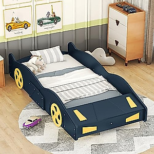 Nigwedete Twin Size Race Car-Shaped Platform Bed with Wheels, Wood Platform Bed Frame with Storage Space, Children Car-Shape Beds for Bedroom, Dark Blue+Yellow