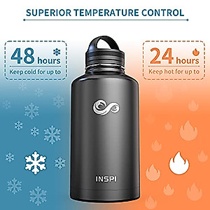 Water Bottle Insulated 64oz, INSPI Stainless Steel Water Bottle with Straw & 3 Lids, Half Gallon Large Water Jug Wide Mouth, 64 oz Triple Wall Vacuum Hydro Jug, Keep Cold for 48Hrs Flask, Black