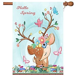 Hello Spring Flag,Spring Garden Flag Double Sided Welcome Burlap Seasonal Elk Spring House Flags 28x40 Inch Summer Yard Signs Outdoor Decor for Homes,Gardens, Patio or Lawn with 2 Grommets