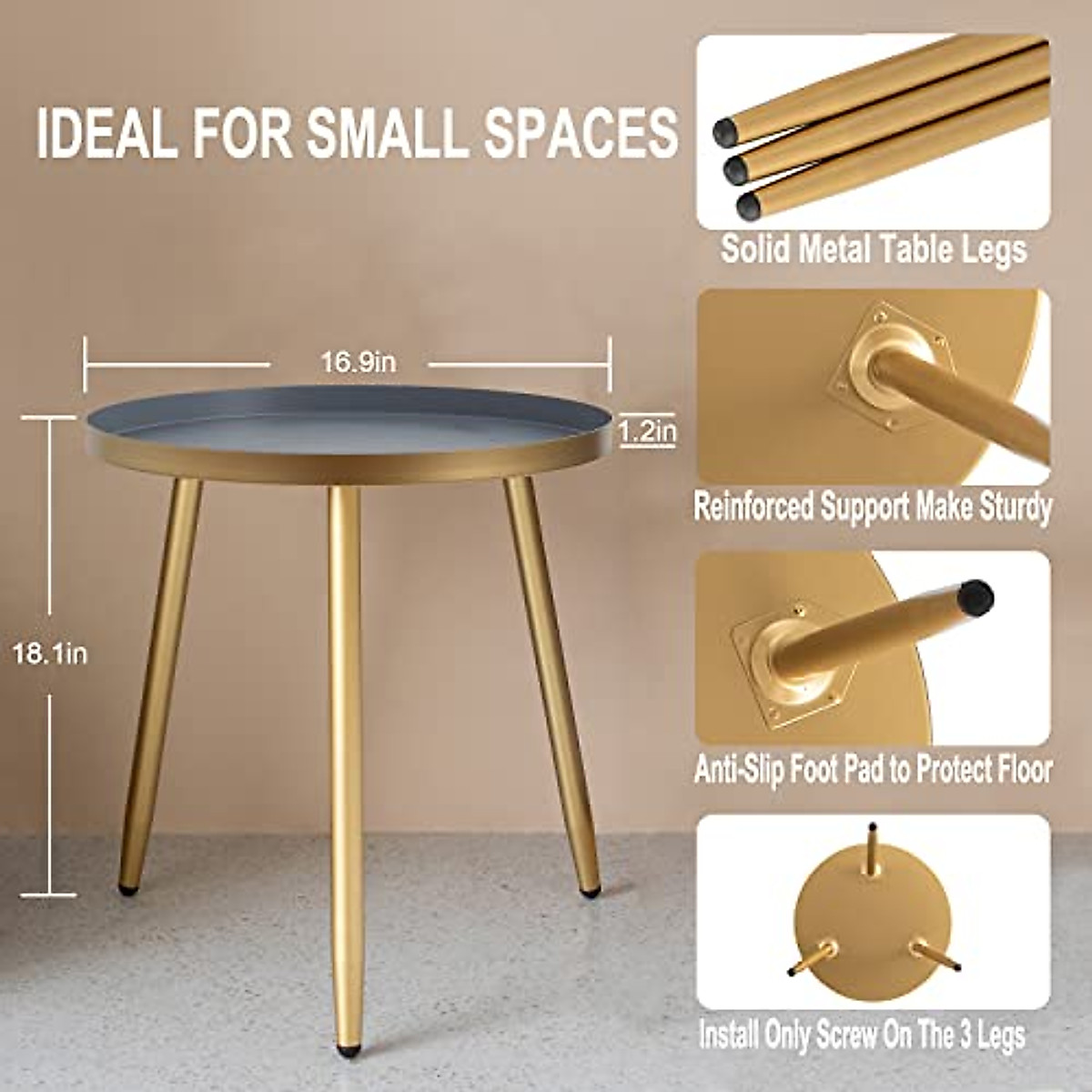 AOJEZOR Round End Table Ideal for Any Room, Metal Structure Side Tables Great For Living Room, Bedroom, Indoor, Outdoor, Matte Gray Tray with 3 Gold Legs Accent