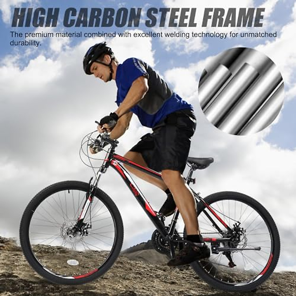 Ktaxon Mountain Bike 26 Inch Men & Women Mountain Bike 21-Speed Adult Bikes, Double Disc Brake, Suspension Fork,High Carbon Steel Frame (Black/Red)