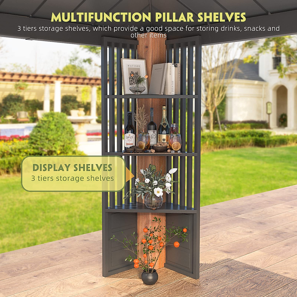 EROMMY 12'x14' Hardtop Gazebo, Galvanized Steel Top with Wood Grain Aluminum Frame, Permanent Metal Pavilion with Three-Layer Storage Shelves for Patio, Backyard, Deck and Lawns