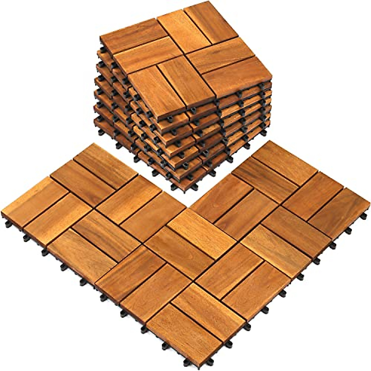 Wood Interlocking Flooring Tiles (Pack of 10, 12" x 12"), Solid Wood Acacia Deck Tiles Interlocking, Patio Tiles Outdoor Interlocking Waterproof All Weather (8 slat, Natural Color)