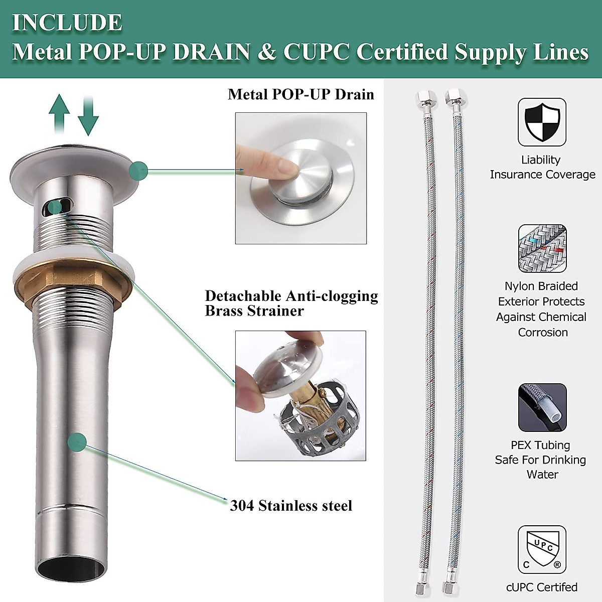 Centerset Bathroom Faucet with Pop-Up Sink Stopper and Strainer Brushed Nickel Bathroom Sink Faucet for 3 Hole- Rv Faucets Bathroom Sink Faucets with Hot and Cold Handle Brass Faucet