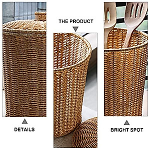Hemoton Imitation Rattan Storage Basket- Wicker Waste Basket with Lid, Floor Baskets for Living Room, Bed Room& Laundry Room