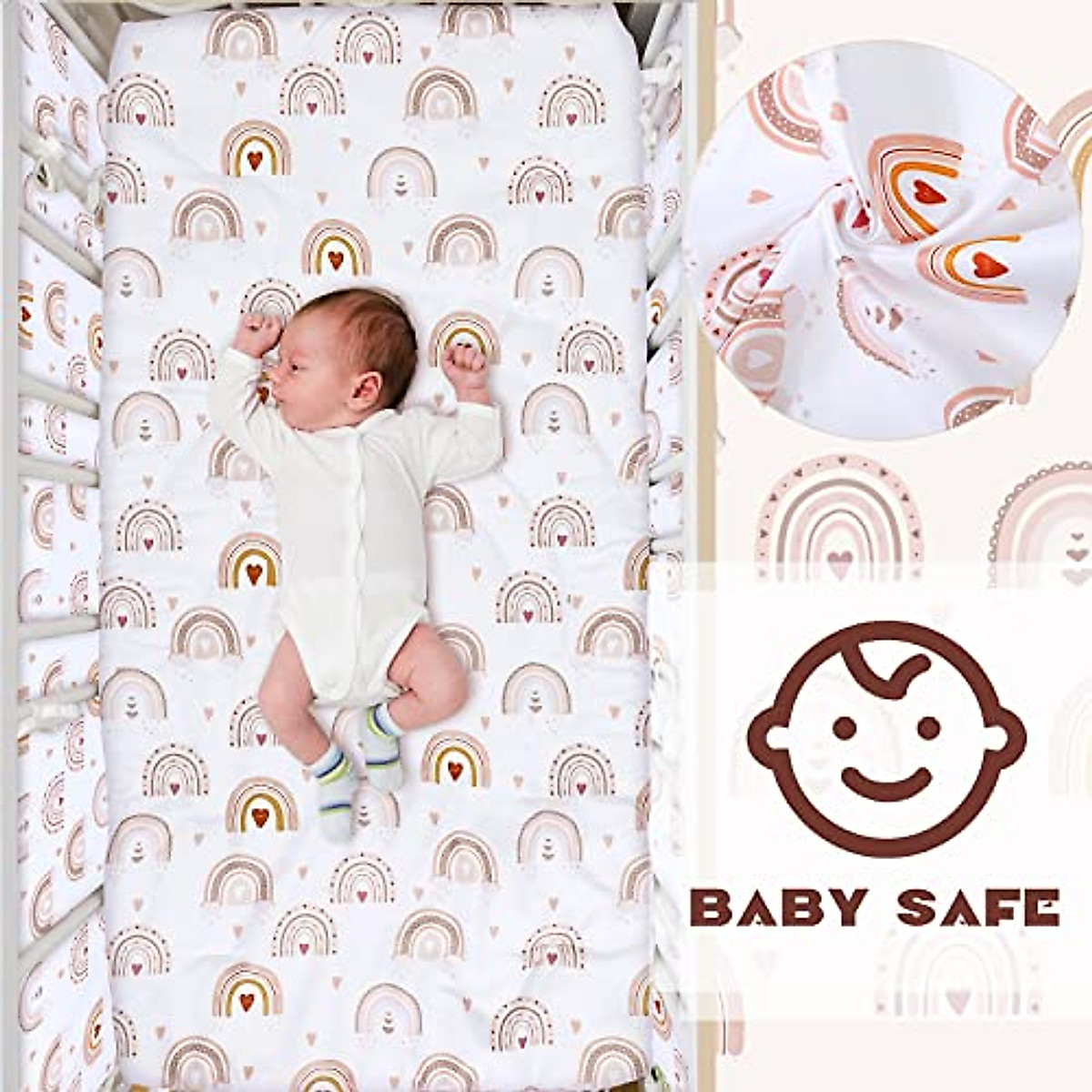 4 Pieces Boho Rainbow Crib Bedding Set, Neutral Rainbow Boho Nursery Bedding Standard Size Soft Baby Bedding Set Including Crib Skirt, Blanket, Crib Sheet and Diaper Stacker for Baby Girls and Boys