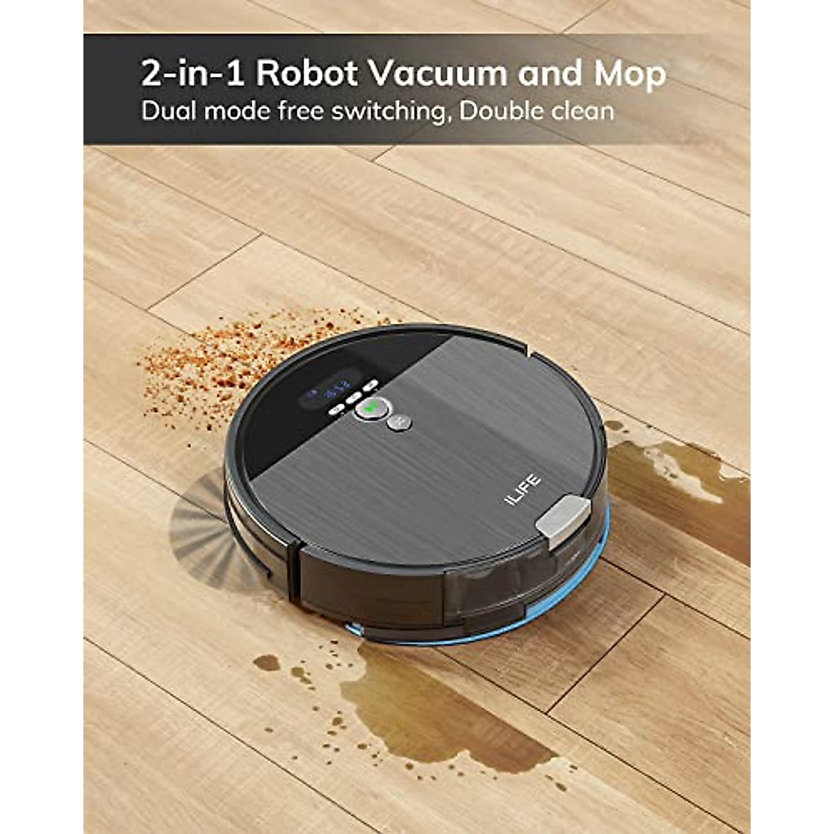 ILIFE Robot Vacuum and Mop Combo - 2000Pa Strong Suction Robotic Vacuum Cleaner with LCD Display - 750ML Dustbin Smart App Automatic Vacuum Cleaner Robot for Carpet Hardwood Floors Pet Hair (V8s Pro)