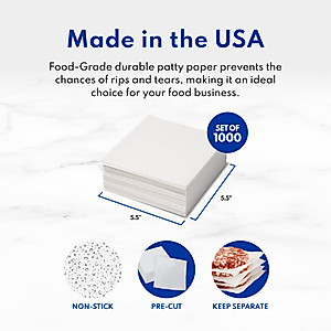 New Star Foodservice 1029048 Non-Stick Wax Patty Paper, 5.5" x 5.5", Set of 1000, Made in USA