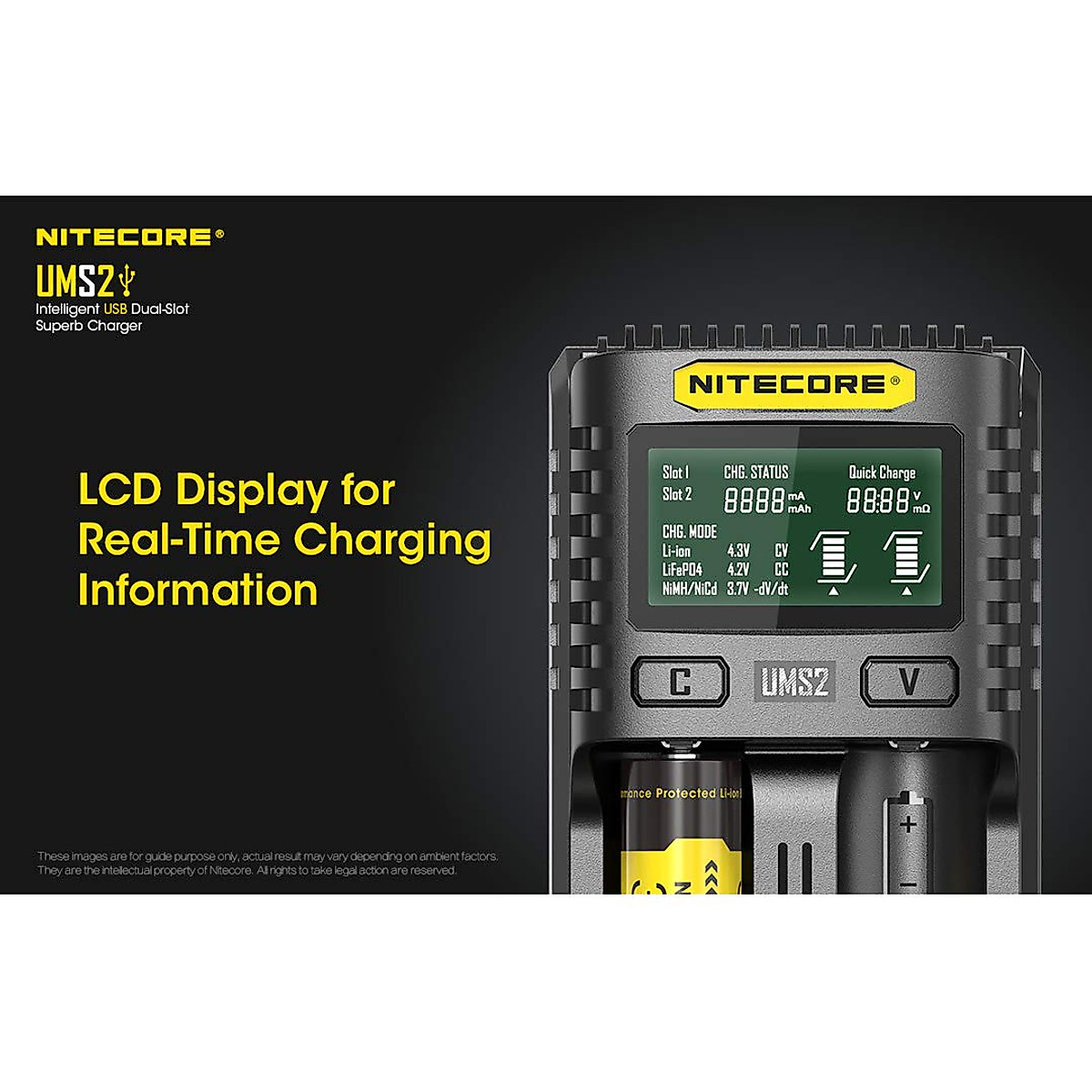Nitecore UMS2 Intelligent USB Dual-Slot Quick Battery Charger for Li-Ion/Ni-MH/Ni-Cd/IMR 16340 14500 18650 21700 20700 AA AAA and More Batteries, with LumenTac Battery Organizer