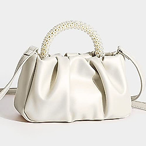 Beatfull Evening Purse Women Pearl Handbags Soft Leather Ruched Bag Bridal Clutch for Wedding Party Prom Crossbody Purses White