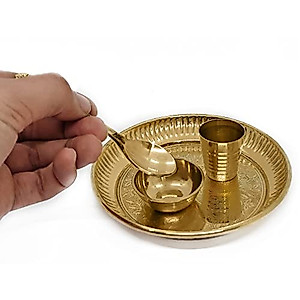 Satvik Brass 4 Pc Bhog Thali Set for Laddu Gopal Brass Bhog Thali with Glass, Bhog Bowl and Pooja Spoon for Home and Temple Kanha Ji Bhog Plate Set (Medium)