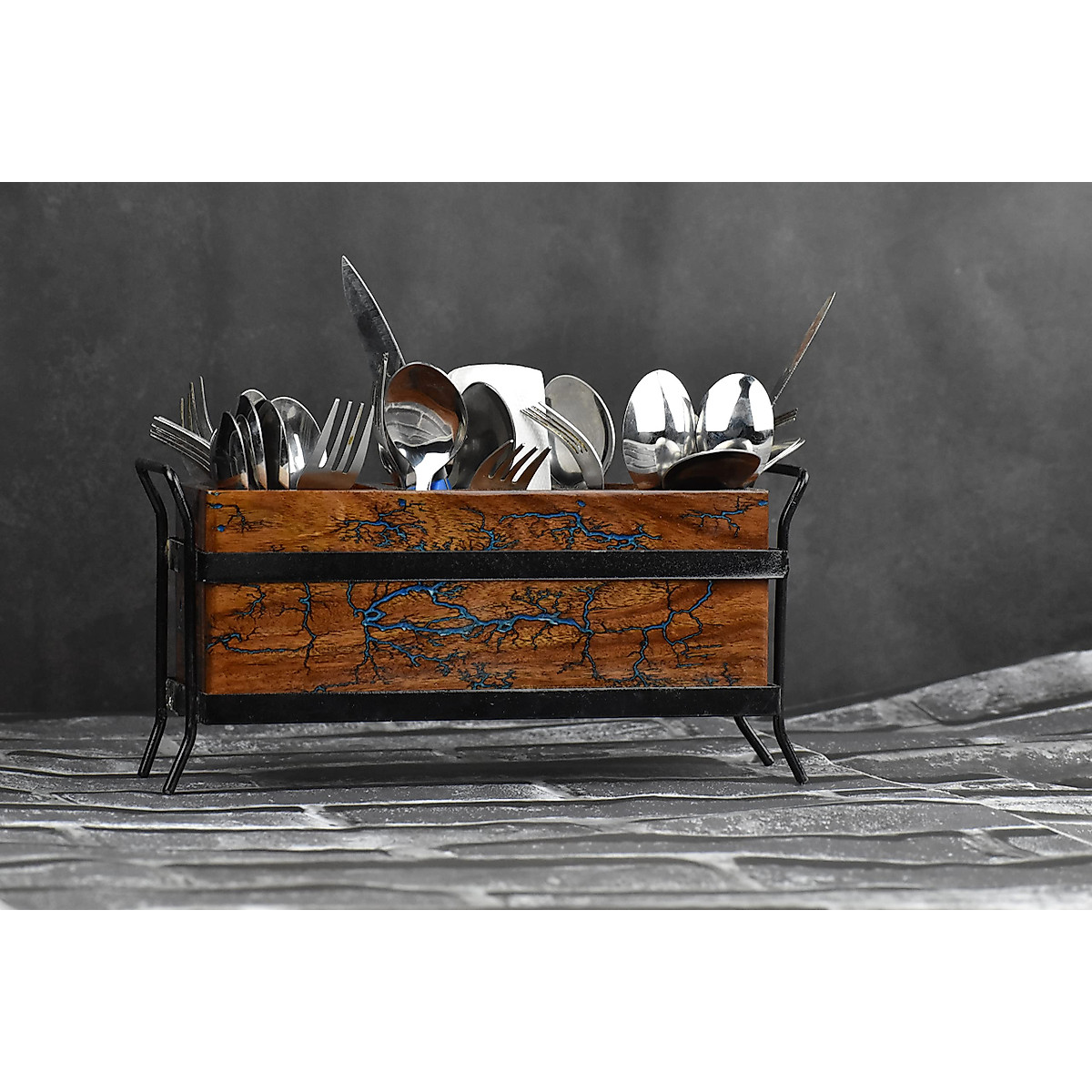 Utensil Caddy Silverware Cutlery Holder with 3 Compartment, Wooden Utensil Crock Flatware Organizers with Iron Stand, Rustic Kitchen Utensil Organizers for Farmhouse Kitchen and Countertop