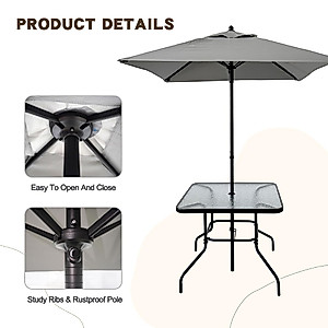 TURRIDU Set of 6 Outdoor Dining Set for 4 People, Metal Patio Furniture with 1 Tempered Glass Table & 4 Folding Chair & 1 Foldable Umbrella for Backyard Garden Patio, Black
