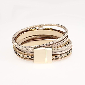 Suyi Leather Bracelet for Women Leopard Multilayer Wrap Bracelet Boho Birthday Gift Leopard Khaki