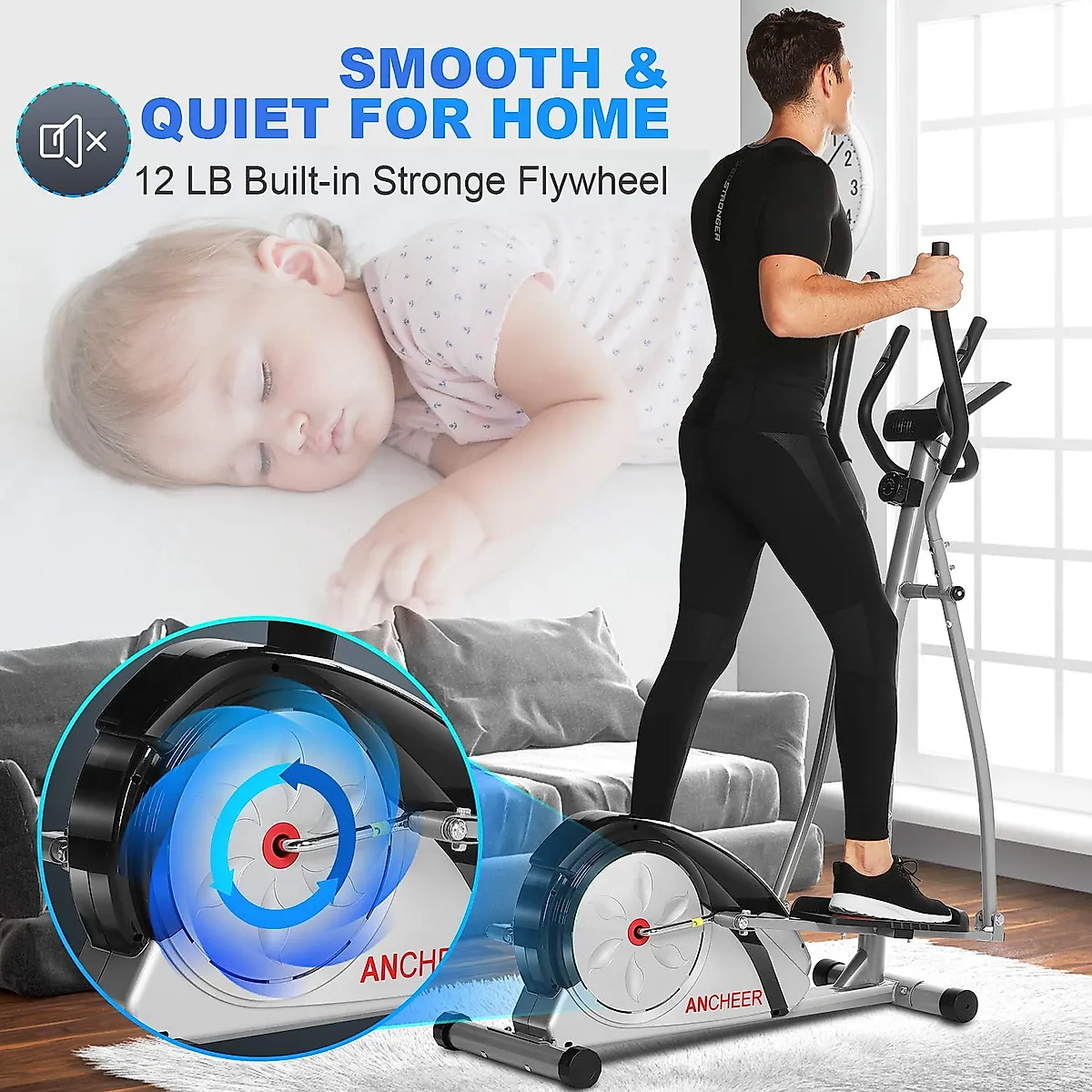 FUNMILY Elliptical Machines, Elliptical Trainer Machines with LCD Monitor and Pulse Rate Grips Magnetic Smooth Quiet Driven Max Weight Capacity 350Lbs