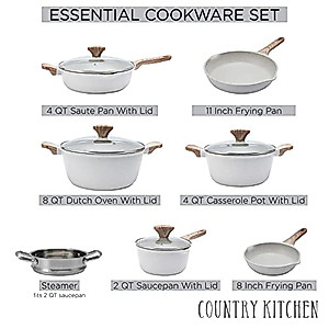 Country Kitchen Nonstick Induction Cookware Sets - 11 Piece Nonstick Cast Aluminum Pots and Pans with BAKELITE Handles - Induction Pots and Pans with Glass Lids -Cream