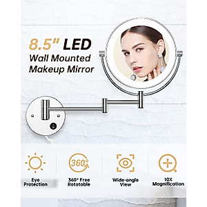 Gospire 8.5" Wall Mounted Lighted Magnifying Mirror, 1X/10X Double-Sided Magnification Round LED Cosmetic Vanity Bathroom Mirror Extendable Arm 360° Swivel for Shaving Makeup