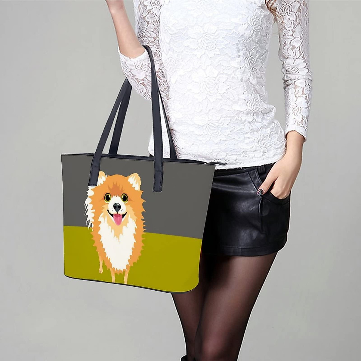 Pomeranian Dog Women's Tote Bag PU Leather Shoulder Bag Handbags Purse For Work Shopping Travel