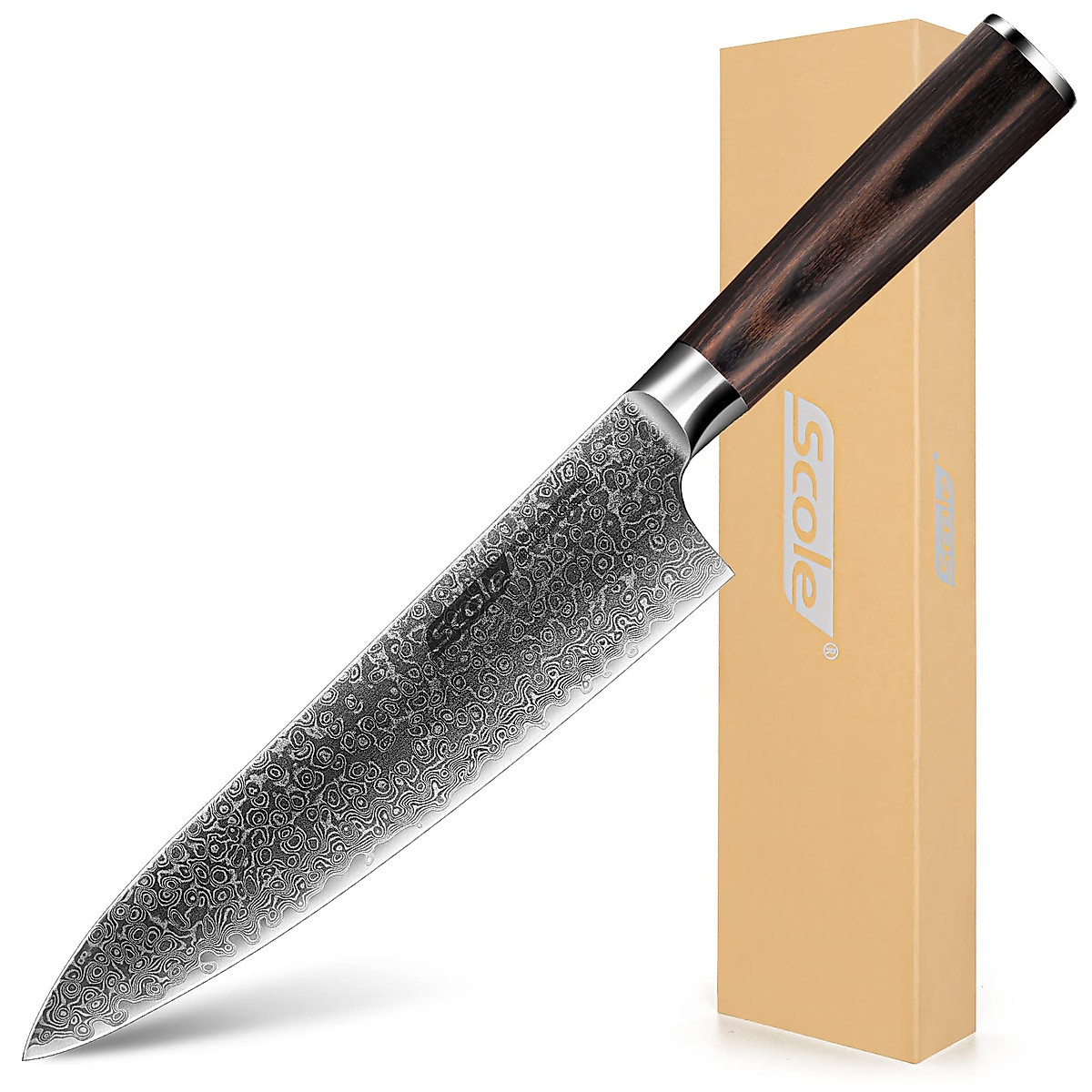 SCOLE® Chef Knife Bundle - Razor Sharp Chefs Knife 8 Inch VG-10 Super Damascus Steel (Natural Pakka Wood Handle) + Ultra Sharp Kitchen Knife Set 7-Piece (Triple Rivet Handle) (2 Items Bundle)