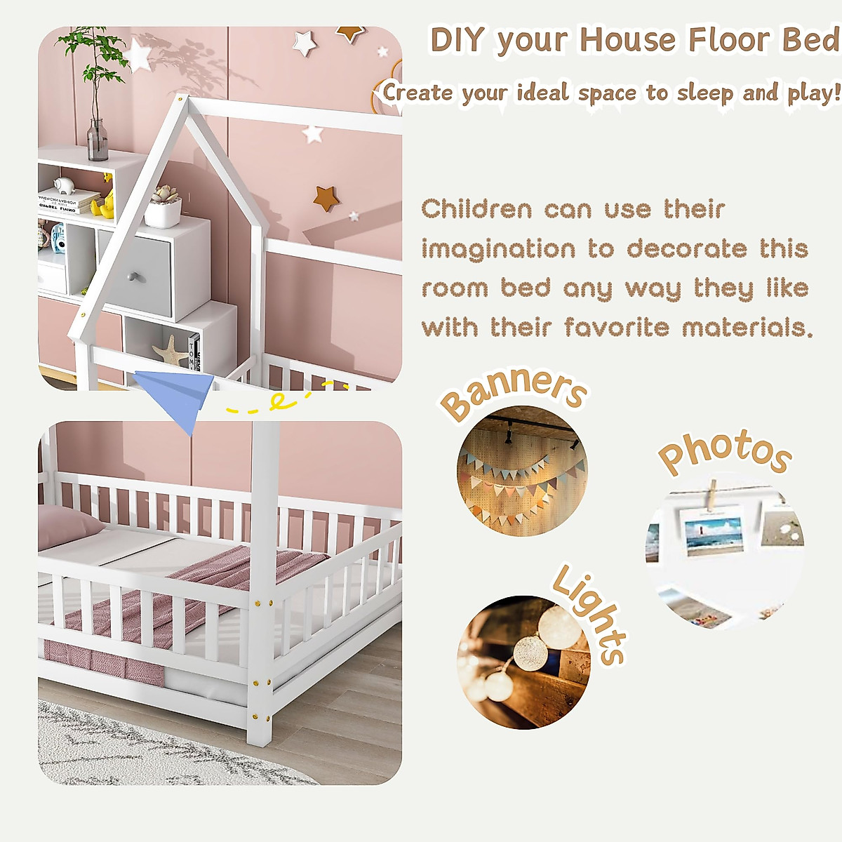 Full Size House Floor Bed Wooden Montessori Bed with Fence and Roof for Kids Playhouse Style Bed Frame for Girls Boys Teens, White