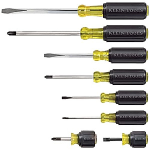 Klein Tools 85078 Screwdriver Set, 4 Phillips, 4 Flat Head Tips, Non-Slip Cushion Grip, Made in USA, All-Purpose Screwdriver Kit, 8-piece