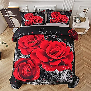 Djoymock Rose Duvet Cover Set Queen Red Floral Printed Bedding Set 3 Pieces Reversible Soft Microfiber Romantic Comforter Cover Set Home Decor for All Season (1 Duvet Cover + 2 Pillowcases) 90"x90"