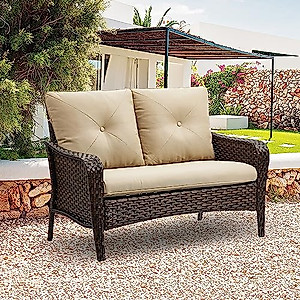 HUMMUH Outdoor Loveseat Sofa,2-Seater PE Wicker Outdoor Couch Porch High Back and Deep Seat Sofa Furniture for Backyard, Deck, Poolside （Brown/Beige）