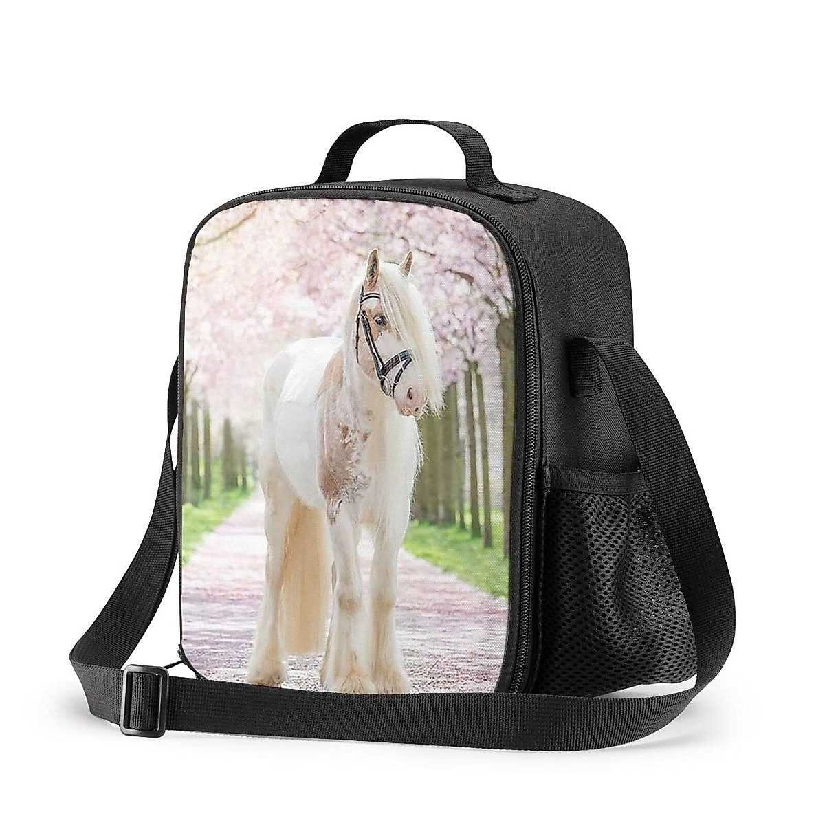 PrelerDIY White Horse Lunch Box - Insulated Lunch Box for Kids with Side Pocket & Shoulder Strap Lunch Bag, Perfect for School/Camping/Hiking/Picnic/Beach/Travel