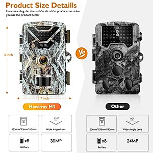 Hawkray Trail Camera 30MP 2K,Game Camera with Wide-Angle Motion Latest Sensor View 0.2s Trigger Speed 8 Batteries and 32GB SD Card 2'' HD TFT Screen Waterproof Cam for Wildlife Monitoring