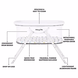 Dream On Me Poppy Traveler Portable Bassinet in White and Grey, Lightweight, Spacious and Convenient Mesh Design, JPMA Certified, Easy to Clean and Fold Baby Bassinet - Carry Bag Included