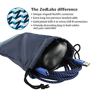 ZedLabz Ultra 5M braided charging cable for Sony PS4 controllers - gold plated flush fit extra long USB play & charge cable lead – Includes tidy and drawstring storage bag