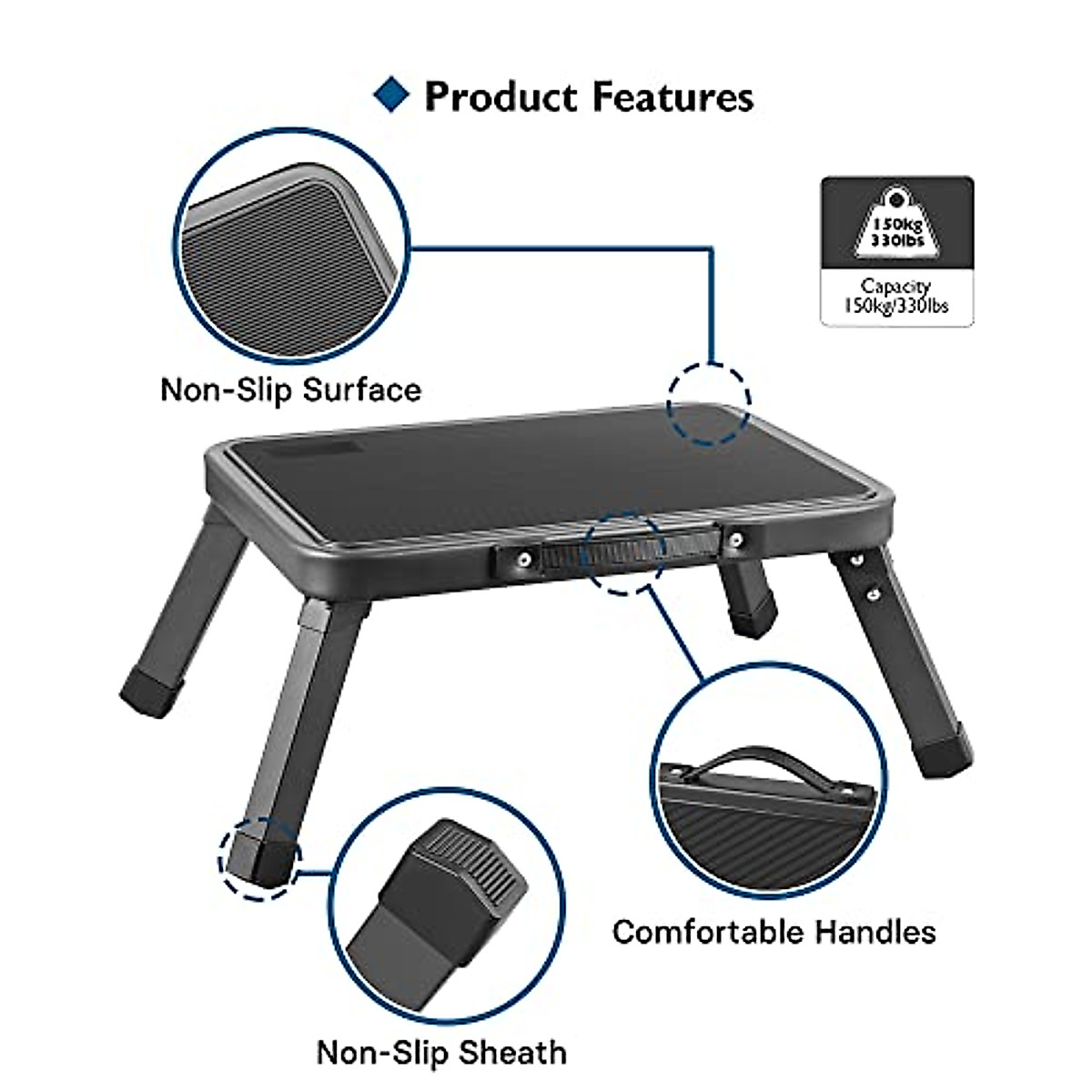 BONTEC One Step Stool, Portable Folding Metal 1-Step Steel Ladder Stool, 330lbs Capacity Foldable Wide Single Black Foot Stool for Adults or Children in Kitchen Toilet RV Camping Office