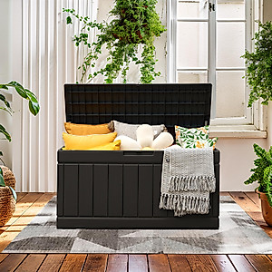 Flamaker Outdoor Storage Box 85 Gallon Resin Waterproof Deck Box with Wood Texture Large Storage Bin for Patio Cushions (Black)