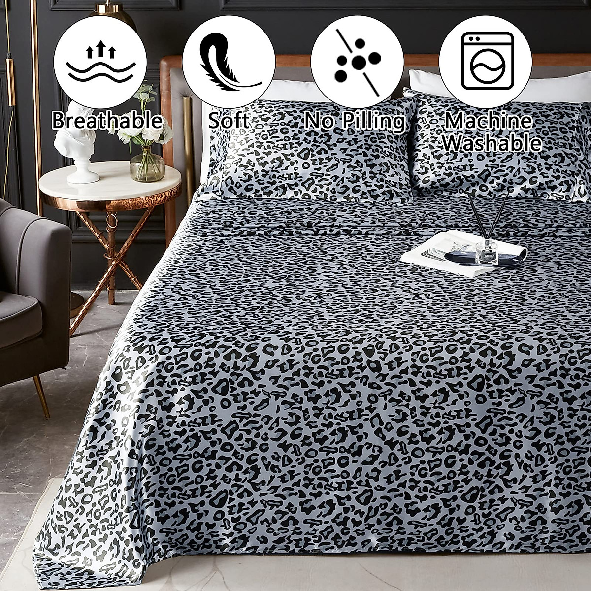 UDEAL King Sheet Set Satin Sheets and Pillowcase Sets Silky Soft Cooling Bed Sheets Set Deep Pocket Luxury Cheetah Print Breathable Sheet 90 GSM (4 Piece, Grey Leopard)