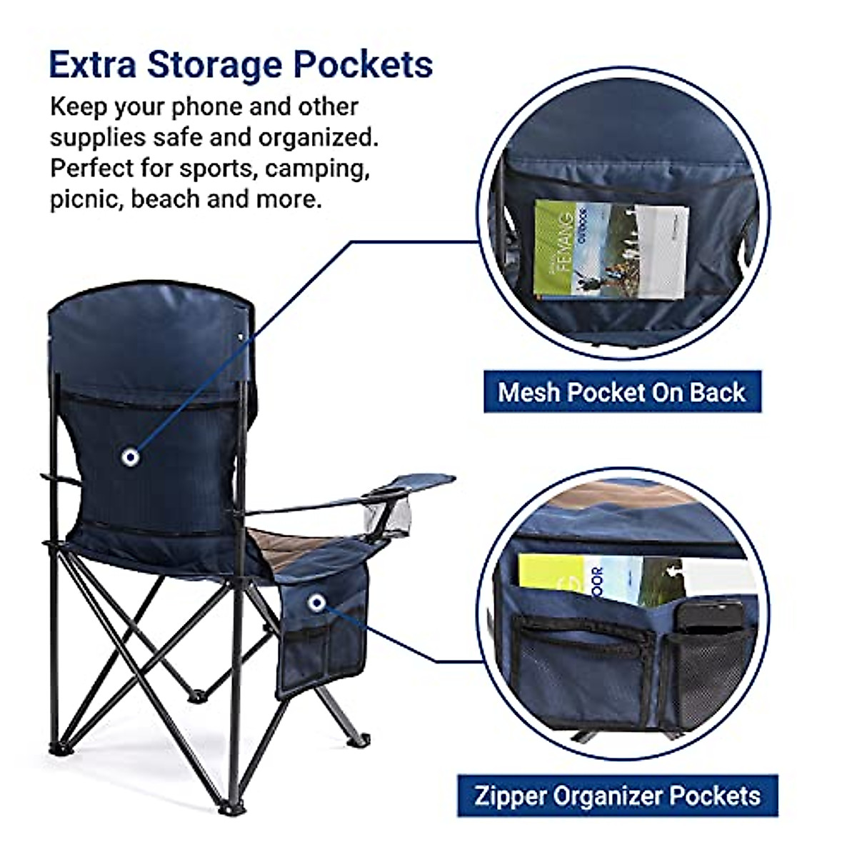 AsterOutdoor Camping Folding Chair Padded Quad Arm Chair with Large Cup Holders, Side Organizer & Back Pocket for Outdoor, Camp, Indoor, Patio, Fishing, Supports 350lbs