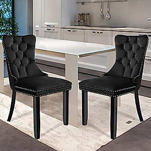 Wonder Comfort Velvet Upholstered with Nailhead Back and Ring Pull Trim Solid Wood Dining Chairs Set of 2, 19.724.437.4, Black