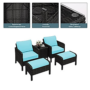 Increkid 5 Pieces Wicker Patio Furniture Set, Outdoor Rattan Conversation Chair Set w/Ottomans, Coffee Table, Cushions, Poolside Sectional Cushioned Sofa Set for Porch, Balcony, Lawn, Yard, Garden