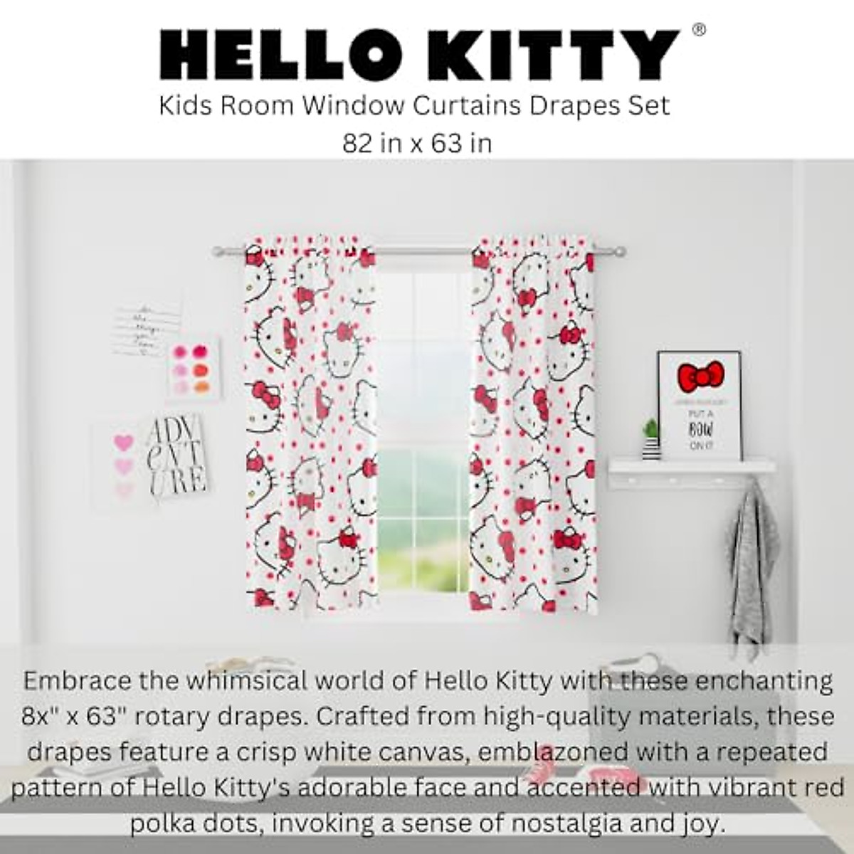 Franco Hello Kitty Kids Room Window Curtains Drapes Set, 82 in x 63 in, (Official Licensed Product)