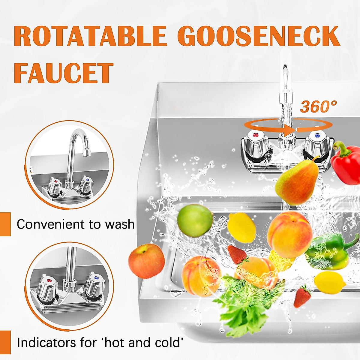 HOCCOT 304 Stainless Steel Sink, Wall Mounted Commercial Restaurant Sink, Hand Washing Sink with Side Splashes, Utility Sink for Restaurant, Kitchen, Bar, Outdoor, Garage, 17"x 15"