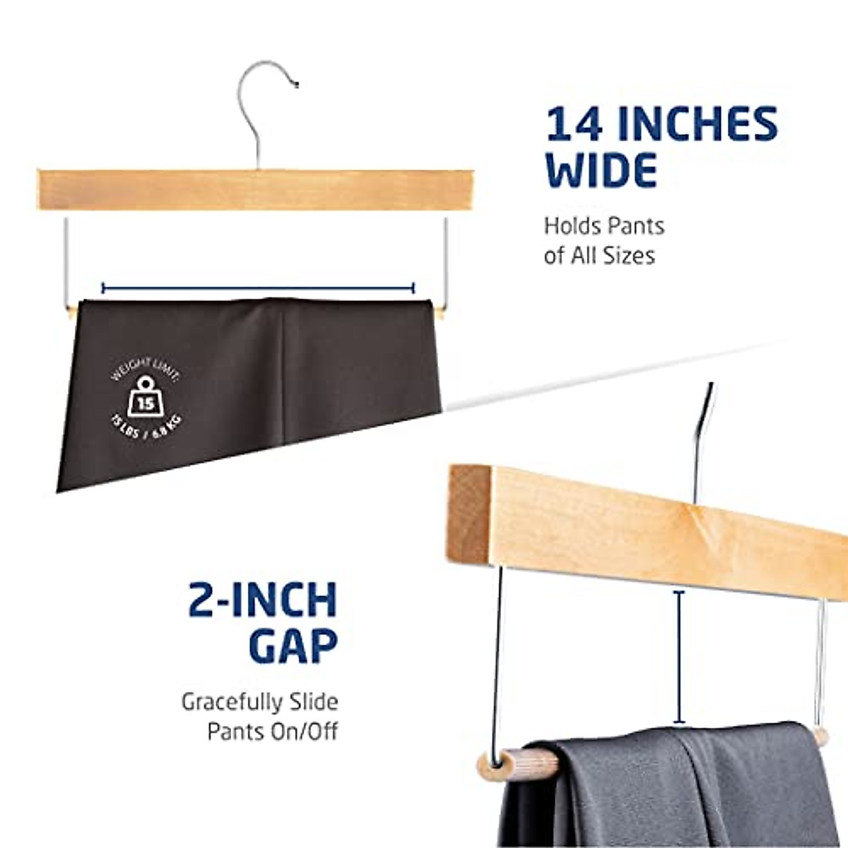 High-Grade Wooden Slack/Trouser Pants Hangers with Non Slip Bar (10 Pack) Smooth Finish, Durable Wooden Hangers - Slim & Sleek Space Saving Closet Hangers, 360° Hook- Ideal for Pant, Jeans, Slacks Etc