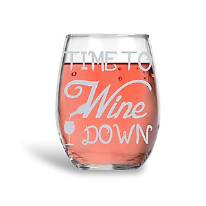 Time to Wine Down Funny 15oz Stemless Crystal Wine Glass - Fun Wine Glasses with Sayings Gifts for Women