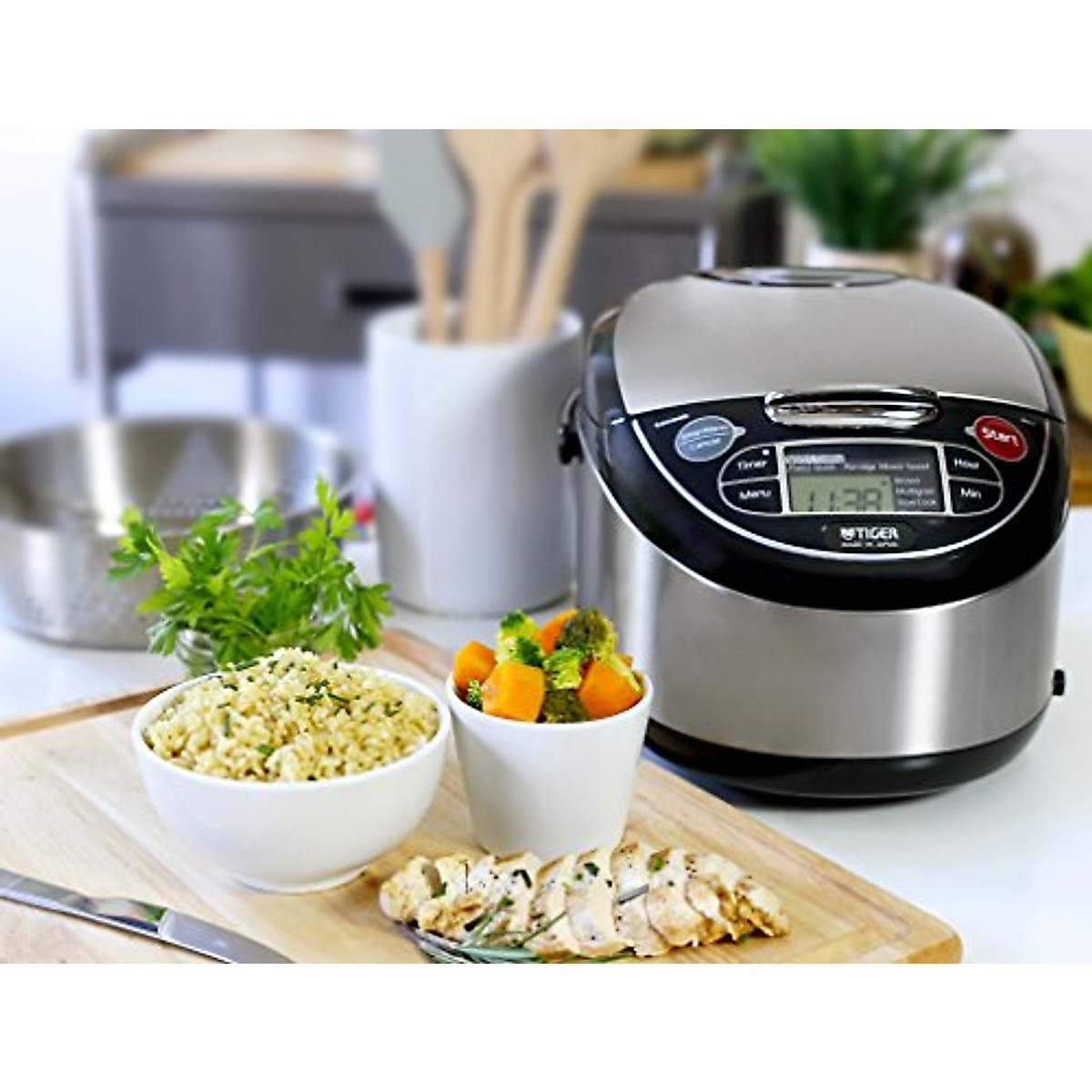 Tiger JAX-T10U-K 5.5-Cup (Uncooked) Micom Rice Cooker with Food Steamer & Slow Cooker, Stainless Steel Black
