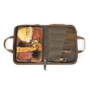 LEGACY - A Picnic Time Brand Monterey Travel Set-Distressed Waxed Canvas Bag with Cheese Knifes and Cutting Board, Khaki Green