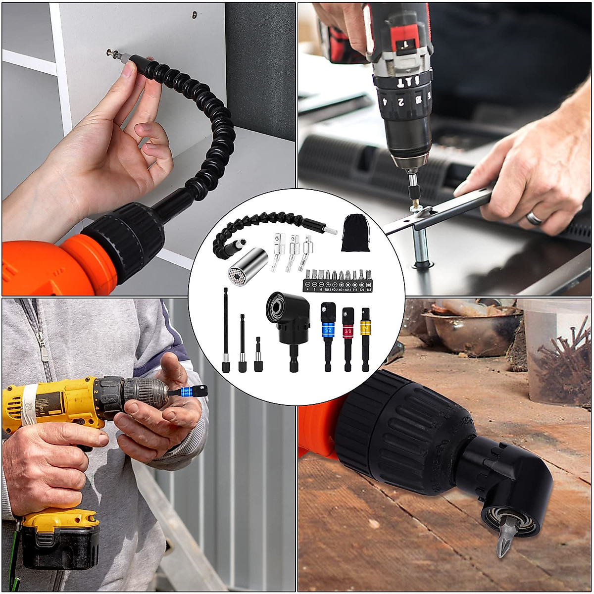 22pcs Flexible-Drill-Bit-Extension Set, 105°Right-Angle-Drill Attachment,Hex Shank Drill-Bit-Kit Rotatable Joint Socket 1/4 3/8 1/2 in Hex Socket Adapter Bendable Drill-Bit-Extension Screwdriver Bit…