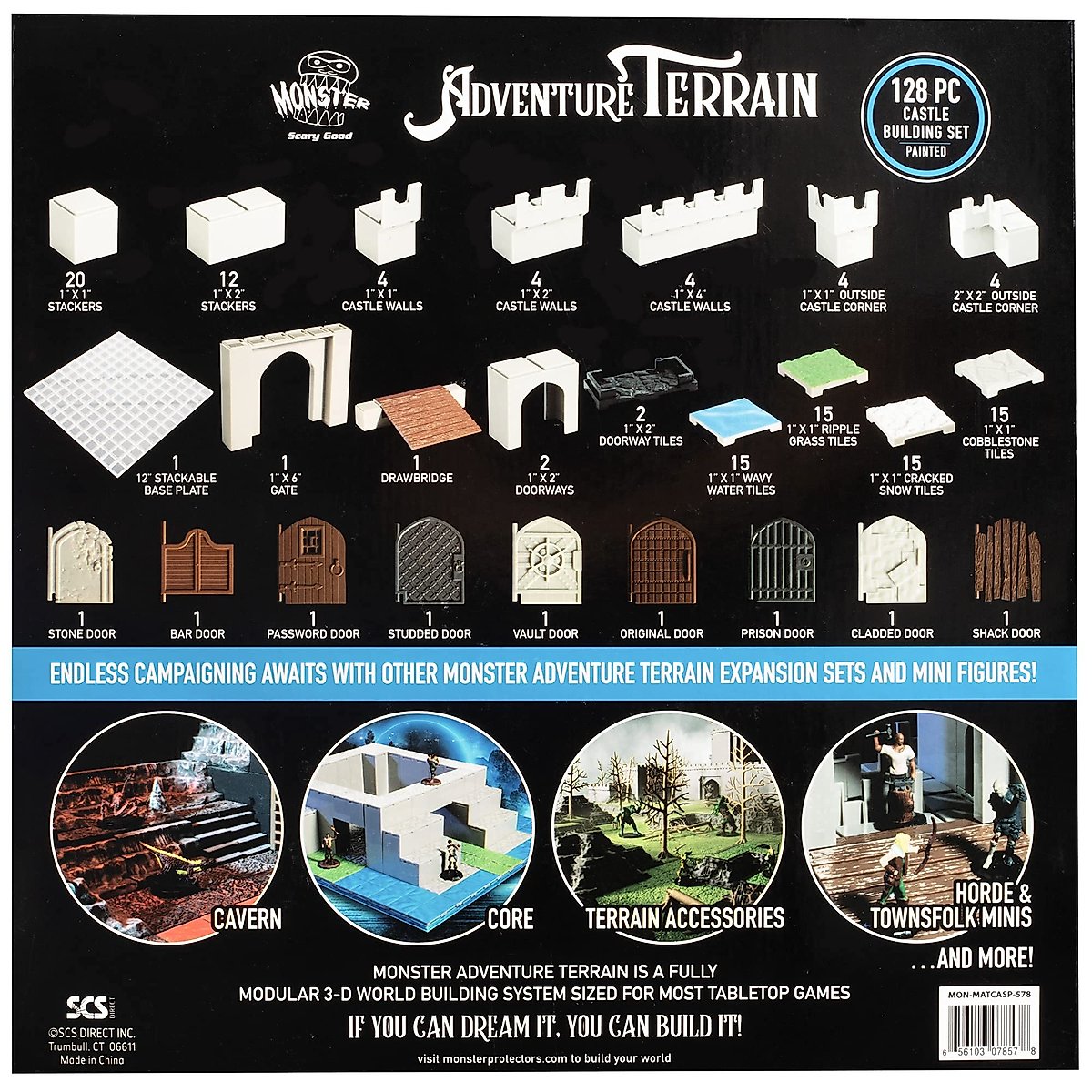 Monster Adventure Terrain- 128pc Painted Castle Expansion Set w Baseplate- Fully Modular & Stackable 3-D Tabletop World Builder, Compatible w DND Dungeons Dragons, Pathfinder, All RPG Game, Gift