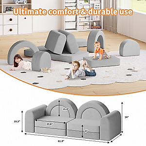 MOOITZ Modular Kids Play Couch, 10pcs Kids Play Couch for Playroom Bedroom, Convertible Modular Toddler Couch, Creative Kids Foam Sofa for Boys and Girls-Grey